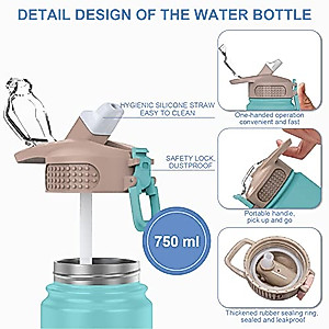 Insulated Water Bottle with Straw 25 oz Stainless Steel Water Bottles BPA-Free Leak Proof Double Wall Vacuum Metal Water Bottle with 2 Lids for Biking Hiking Camping-GREEN