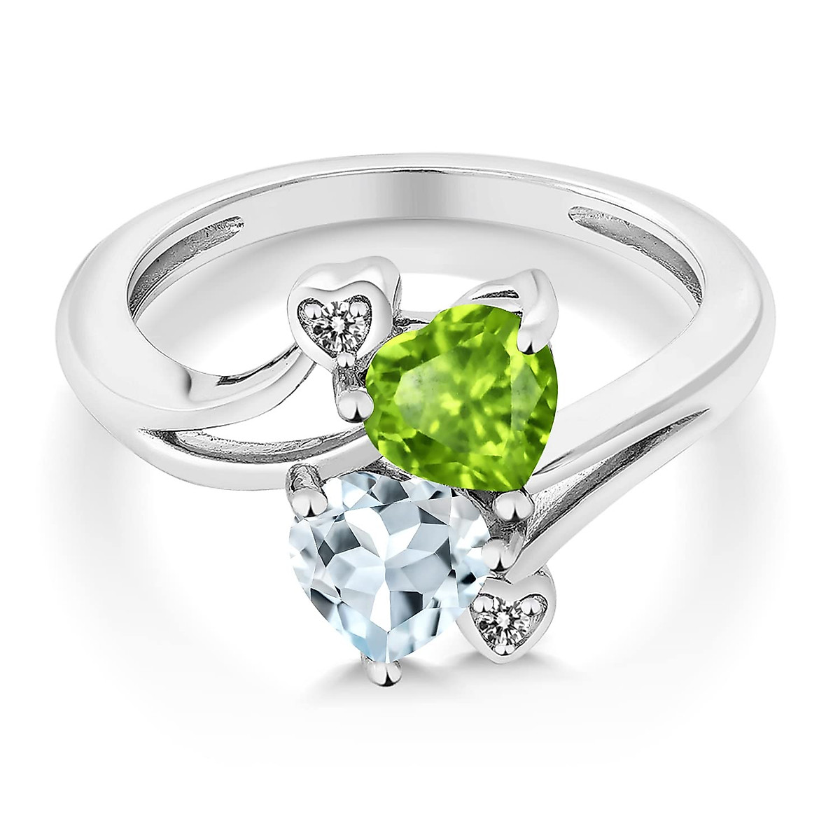 Gem Stone King 1.53 Ct Heart Shape Green Peridot Aquamarine 10K White Gold Diamond Accent Ring (Size 5)