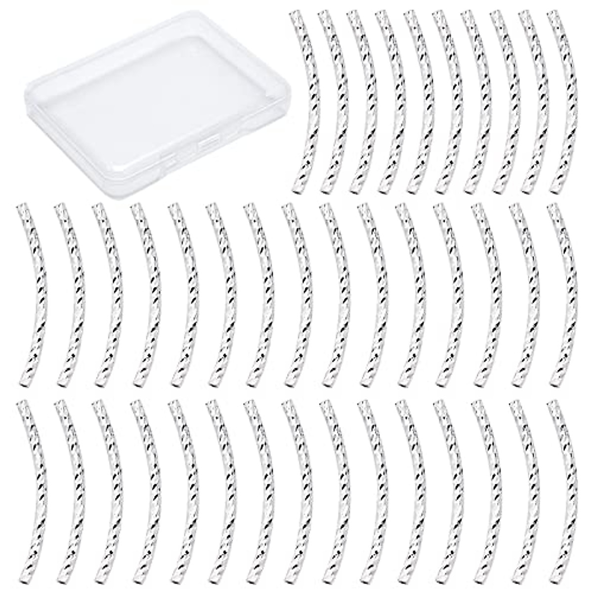 CREATCABIN 1 Box 40Pcs Curved Tube Beads 925 Sterling Silver Plated Brass Sleek Noodle Bead Long Large Hole Spacer Connectors Bulk for DIY Jewelry Making Bracelets Necklaces Findings