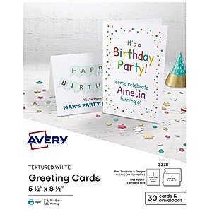 Avery Printable Greeting Cards, Half-Fold, 5.5" x 8.5", Textured White, 30 Blank Cards with Envelopes (3378)