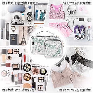 Dragonfly 2 Pieces Clear Makeup Cosmetic Toiletry Bags for Women Men PVC Waterproof Portable Travel Storage Carry Pouch with Gold Zippers Plastic Tote Bags for Vacation Bathroom Organizing Traveling