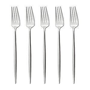 Gugrida Silver Flatware, Royal 5 Pieces Matte Finish 18/10 Stainless Steel Dinner Fork 9.17", Camping Cutlery Silverware Travel Utensils Set Tableware