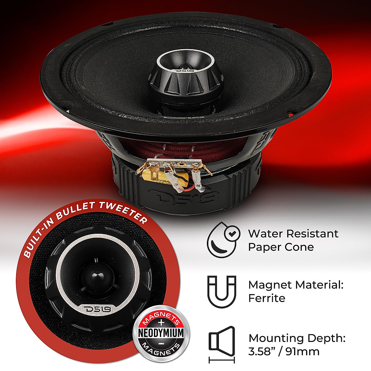 DS18 PRO-ZT Pro Audio Coaxial Midrange Speakers with Built-in Bullet Tweeter, 4-Ohms, Water Resistant - Black Metal Mesh Grill Included (1 Speaker) (8" inches)