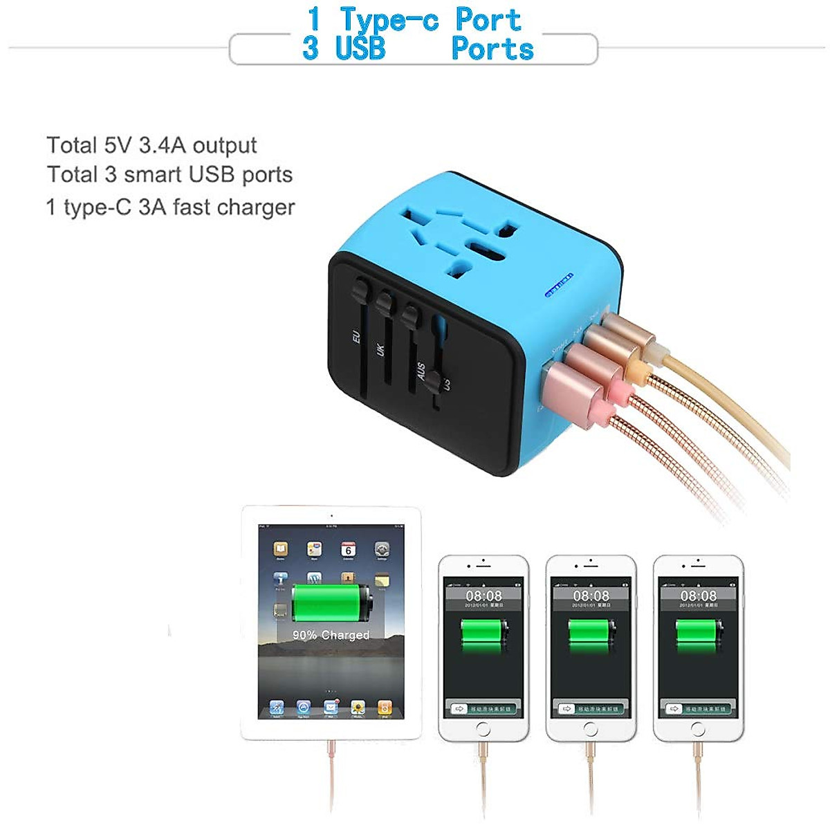 Universal Travel Adapter,All in One Universal Power Adapter for 150 Countries 3usb+Type C (Black)