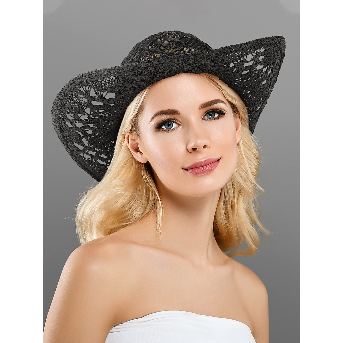 Didaey 2 Pcs Woven Straw Cowboy Hat for Women Wide Brim Cowgirl Hat Western Cowboy Hat Men Women Straw Hat for Hiking Fishing (Black, Khaki)