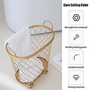 Generic Gold Laundry Hamper, with Rolling Lockable Wheels, Wrought Iron Toy Storage Box Kitchen Storage Basket, for Laundry Room, Bathroom, Dorm, Bedroom