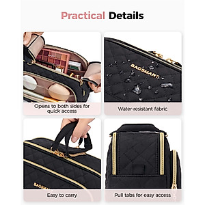 BAGSMART Travel Makeup Bag, Cosmetic Bag Organizer Case, Portable Makeup Travel bag for Women for Travel Accessories, Makeup Toiletry Bag with Dual-Zippered Large Wide-open and Handle-black