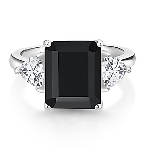 Gem Stone King 7.30 Cttw Black Onyx 3-Stone Ring For Women In 925 Sterling Silver | Emerald Cut 12X10MM | Trillion 5X5MM | Gemstone December Birthstone | Available in Size 5,6,7,8,9