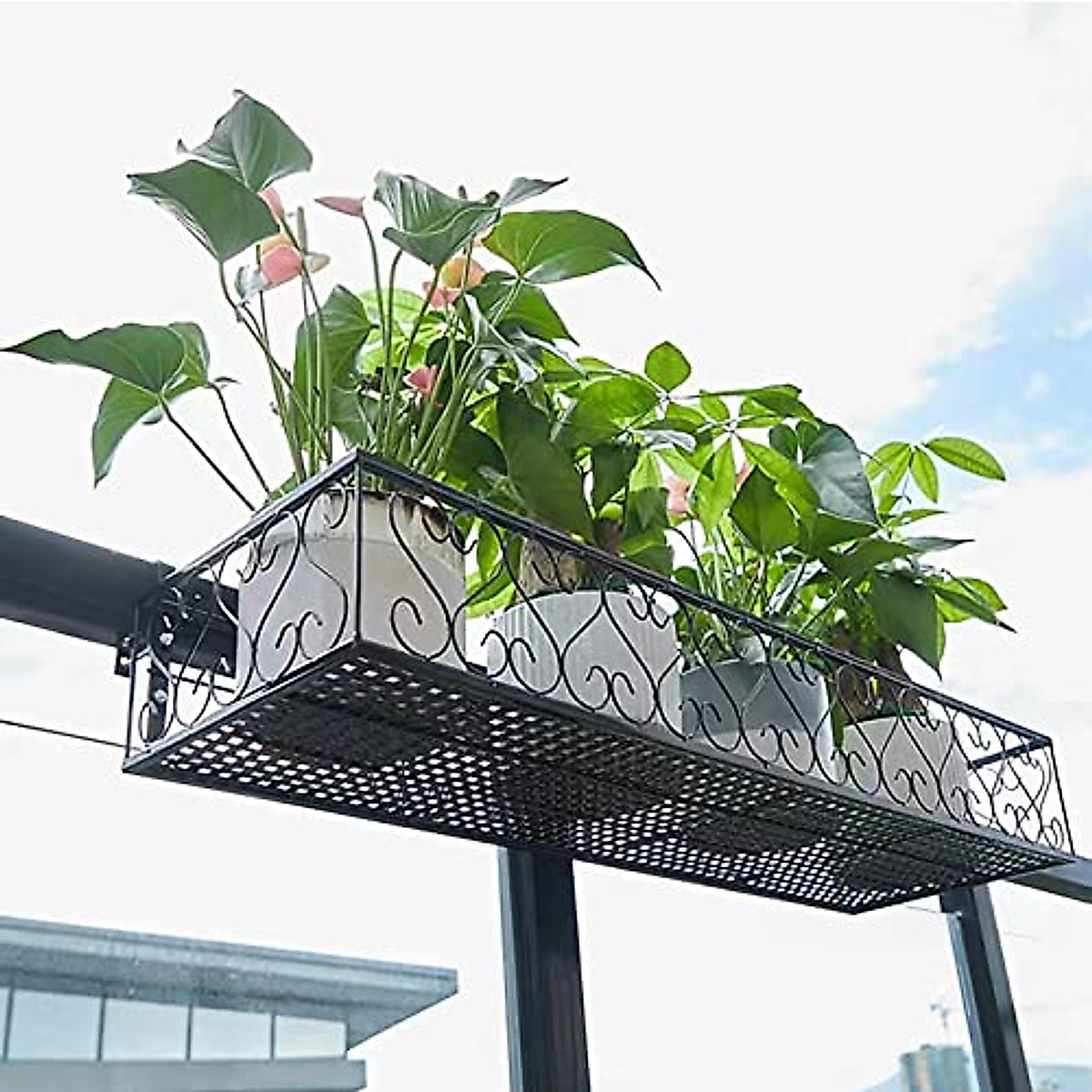 Iron Balcony Planters Railing Hanging Railing Flower Pots Holder with Hooks Black Plant Stand Outdoor Hanging Pots for Plants for Patio Porch Garden Fence Balcony Decor Large size 31.5*7.8*4.7 inch
