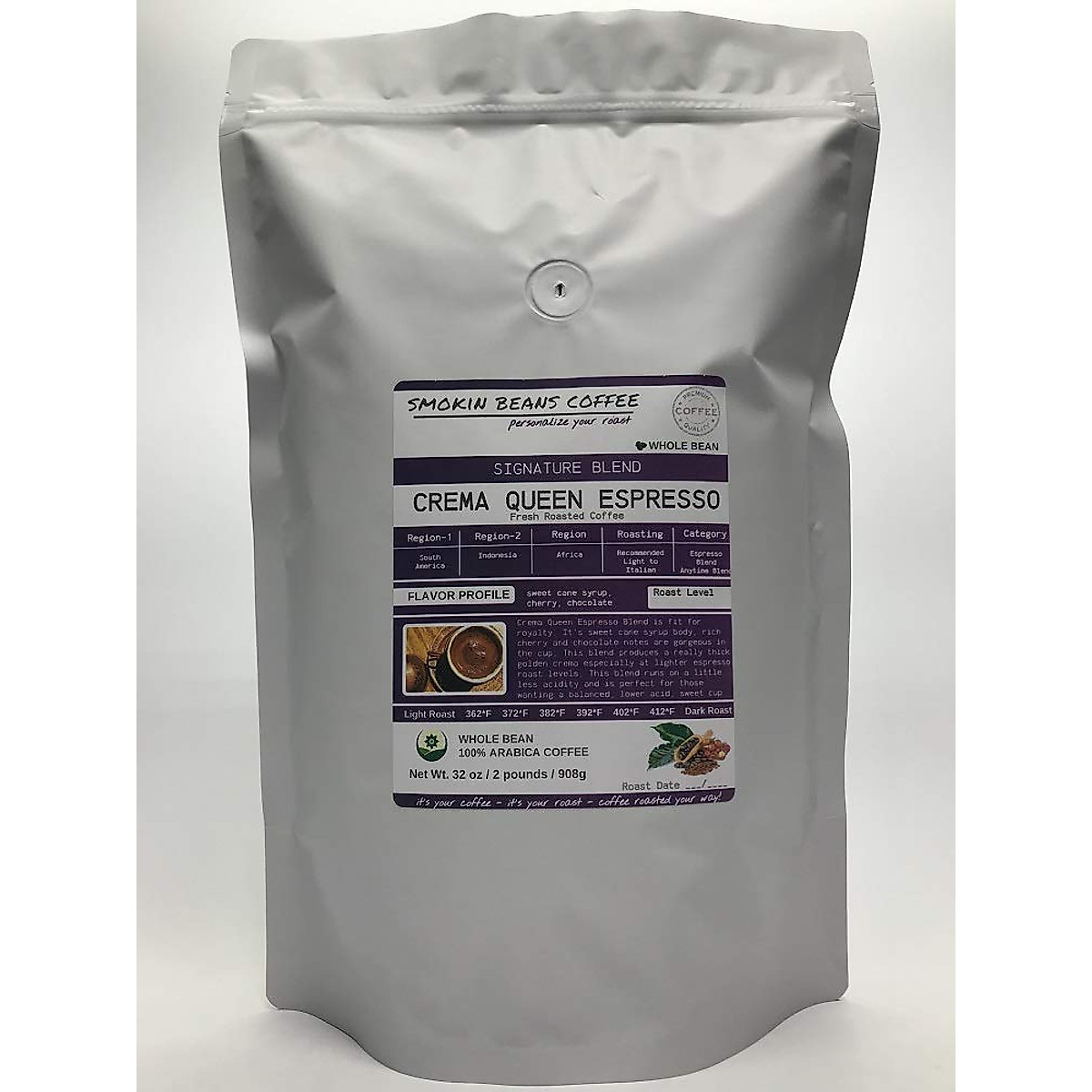 2-pound Crema Queen Espresso (Fresh Roasted Coffee) signature blend roasted-to-order daily medium roast whole bean we can grind or provide lighter or darker roast upon request message at checkout
