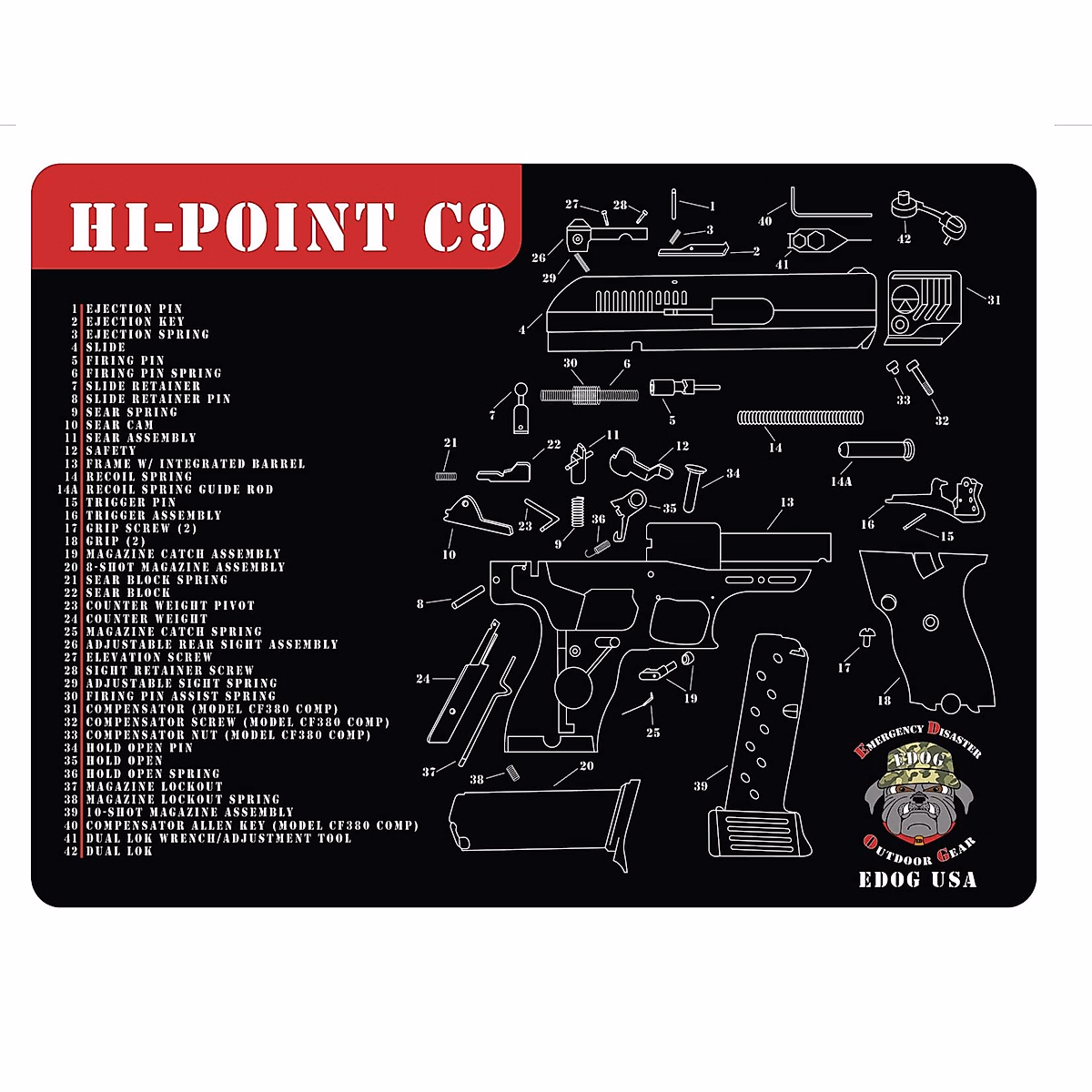 Gun Cleaning Mat Compatible for Hi-Point C9 Schematic (Exploded View) Heavy Duty Pistol Cleaning 12x17 Padded Gun-Work Surface Protector Mat Solvent & Oil Resistant