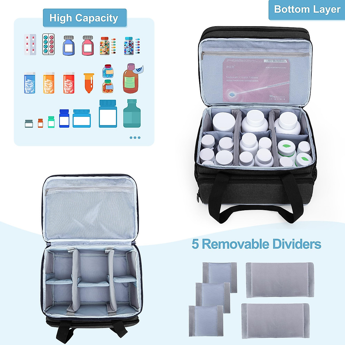 CURMIO Double Layers Pill Bottle Organizer Bag Empty, Medicine Organizer Storage Case with Lockable Zippers, Medication Travel Bag for Prescription Bottles, Medical Supplies, Black (Patent Design)