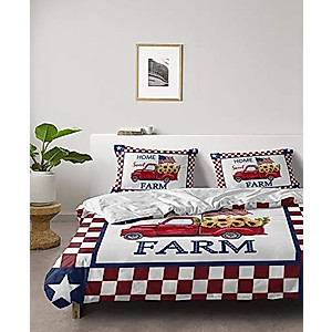 Independence Day Duvet Cover Set Cali King,4 Pieces Farm Home Red Truck Sunflowers USA Flag Bed Sheet Sets Soft Comforter Cover with Flat Sheet 2 Pillow Shams for Man/Woman Checker Plaid