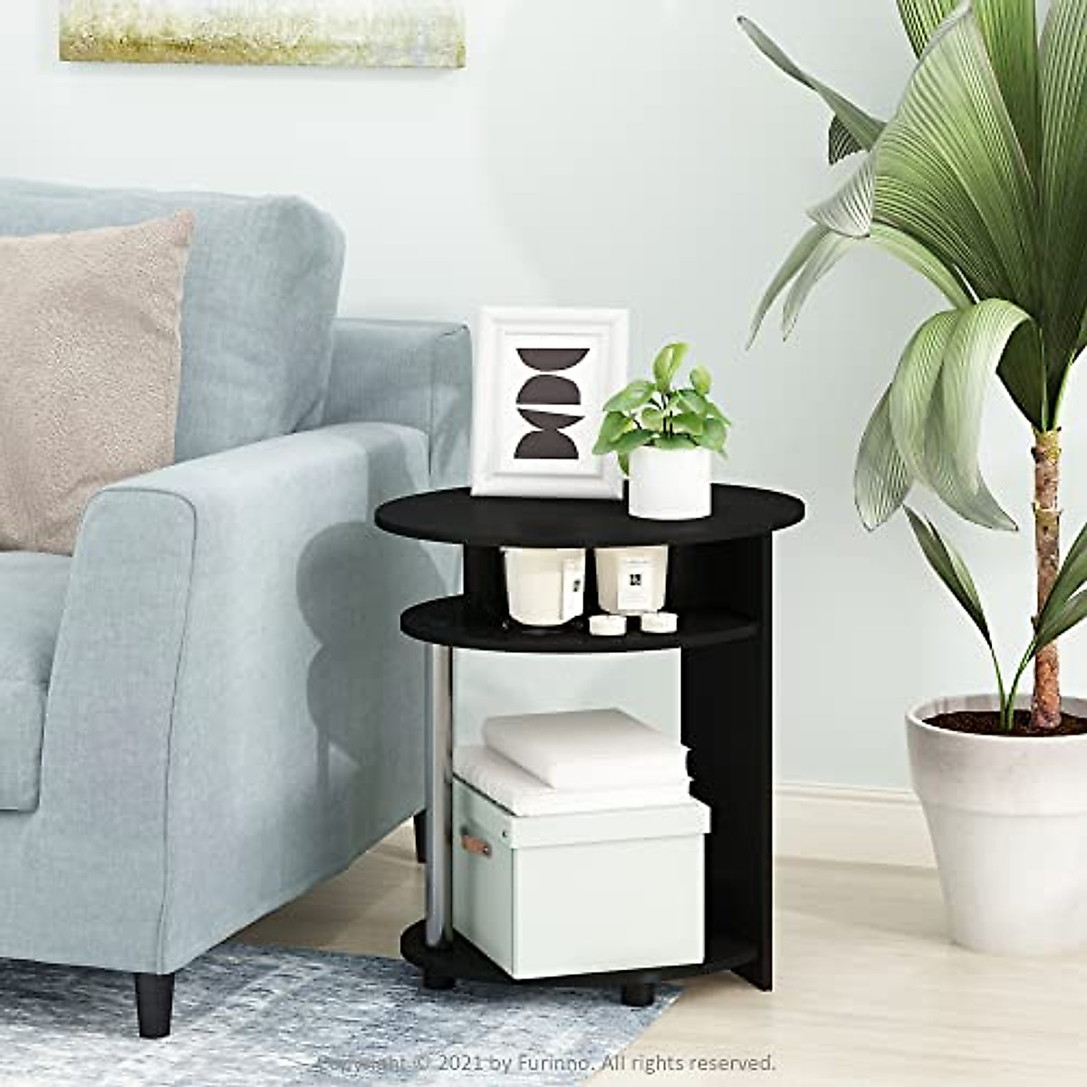 Furinno JAYA Simple Design Oval End Table with Bin, Americano/Chrome