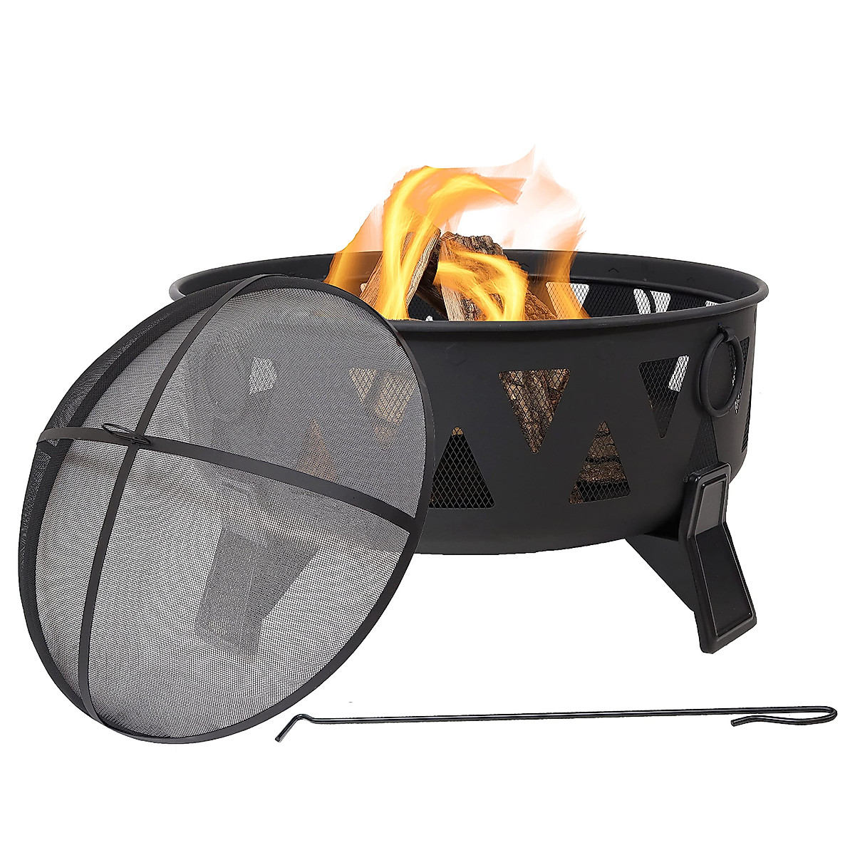 Sunnydaze 25-Inch Steel Wood-Burning Fire Pit with Mesh Stripe Cutouts - Includes Poker and Spark Screen