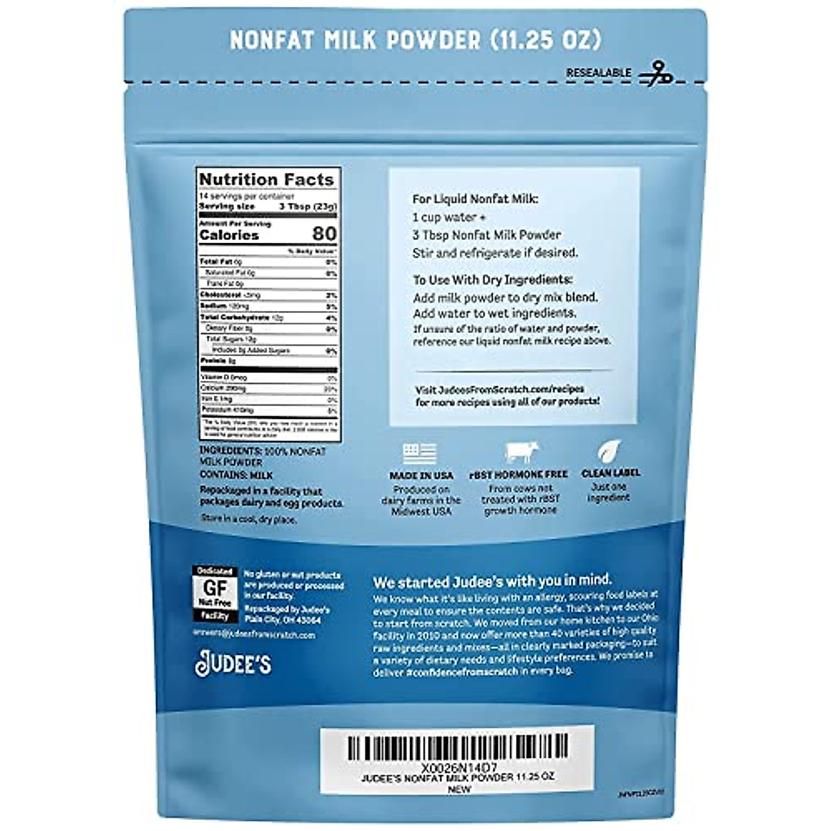 Judee’s Non-Fat Milk Powder 11.25 oz - 100% Non-GMO, Keto-Friendly - rBST Hormone-Free, Gluten-Free and Nut-Free - Good Source of Protein and Calcium - Made in USA