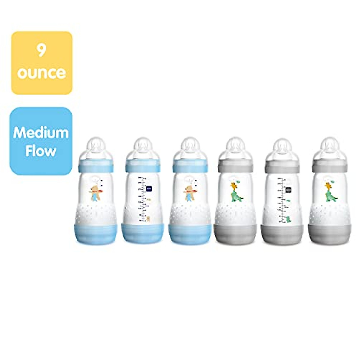 MAM Easy Start Anti-Colic Medium Flow Bottles 9 oz (6-Count), Gray and Blue