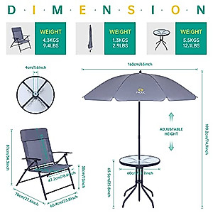 Nice C 3 Piece Patio Dining Set, Garden Outdoor Furniture Table Set with Tilted Removable Umbrella, Glass Table, and 2 Folding Chairs (Grey)