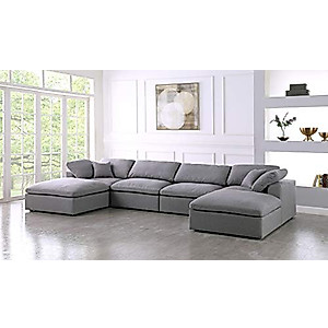 Meridian Furniture Serene Collection Modern | Contemporary Deluxe Comfort Modular Sectional, Soft Linen Textured Fabric, Down Cushions, 2 Corner + 2 Armless + 2 Ottoman, Grey
