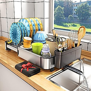 Aluminum Dish Drying Rack for Kitchen Counter - Rustproof Large Dish Racks, Expandable Sink Dish Strainers with Utensil Holder and Drainboard, Silver