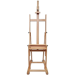 Mont Marte Tilting Studio Wooden Floor Easel. Height Adjustable Extra Large H-Frame Featuring a Large Tilt Range. Castor Wheels Allow Easy Movement and Can Be Locked into Place.