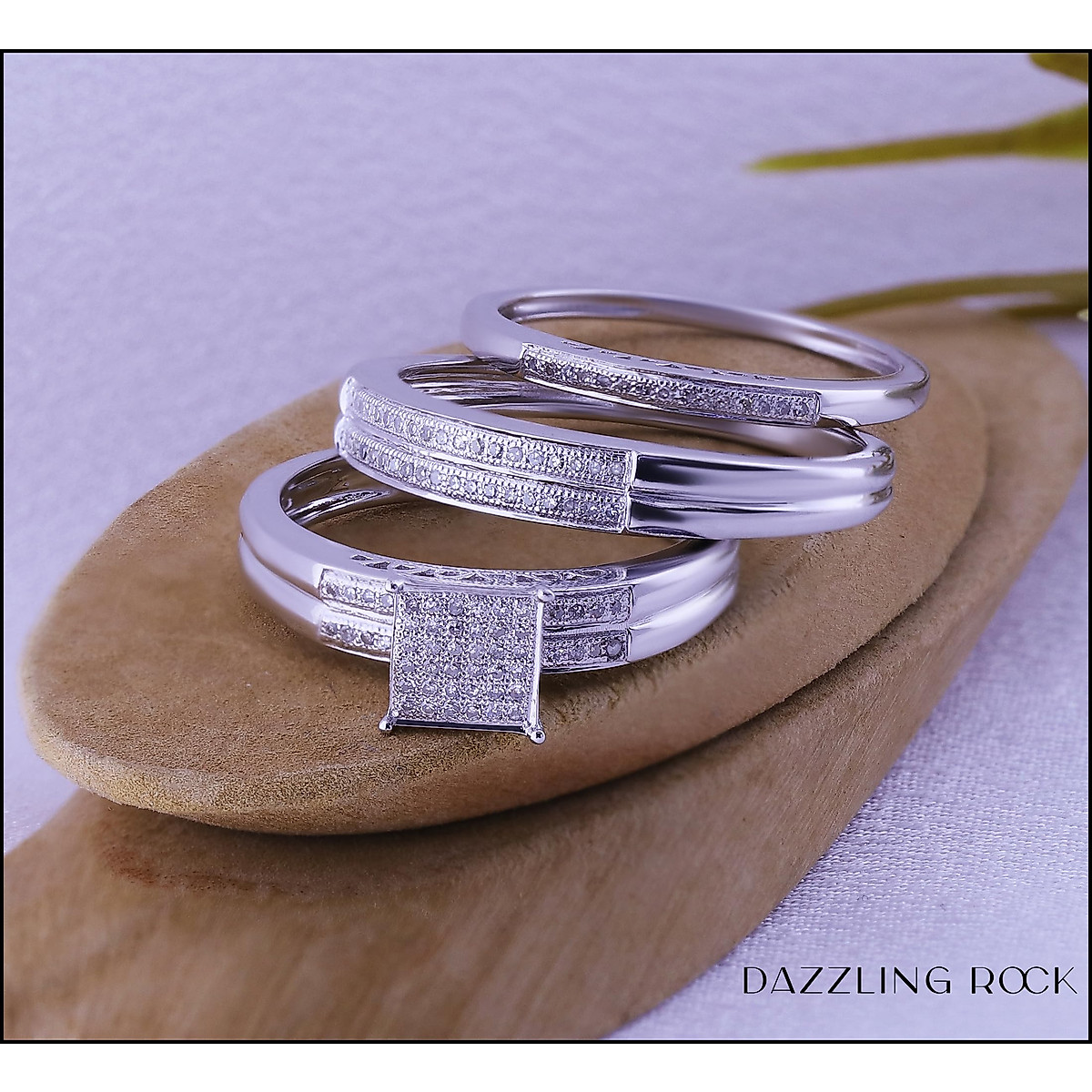 Dazzlingrock Collection Round White Diamond Square Head Filigree Wedding Trio Ring Set (0.25 ctw) in 925 Sterling Silver, Women size 9 and Men size 10