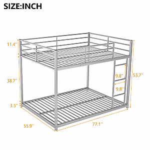 Full Over Full Bunk Bed with Ladder,Metal Floor Bunk Bed Frame with Safety Guardrail and Steel Slats Support for Kids Teen Girls Boys Adults Bedroom Furniture,Heavy Duty Metal Bed Frame (Silver, Full)