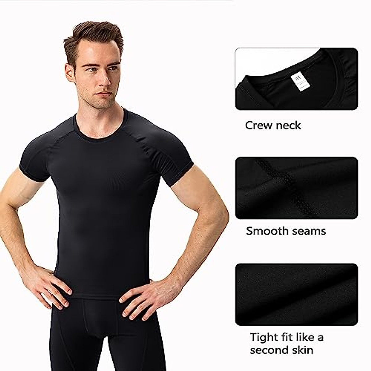 CARGFM Men Short Sleeve Compression Shirts Athletic Workout T-Shirt UPF 50+ Quick Dry Sports Base Layer Undershirts Black