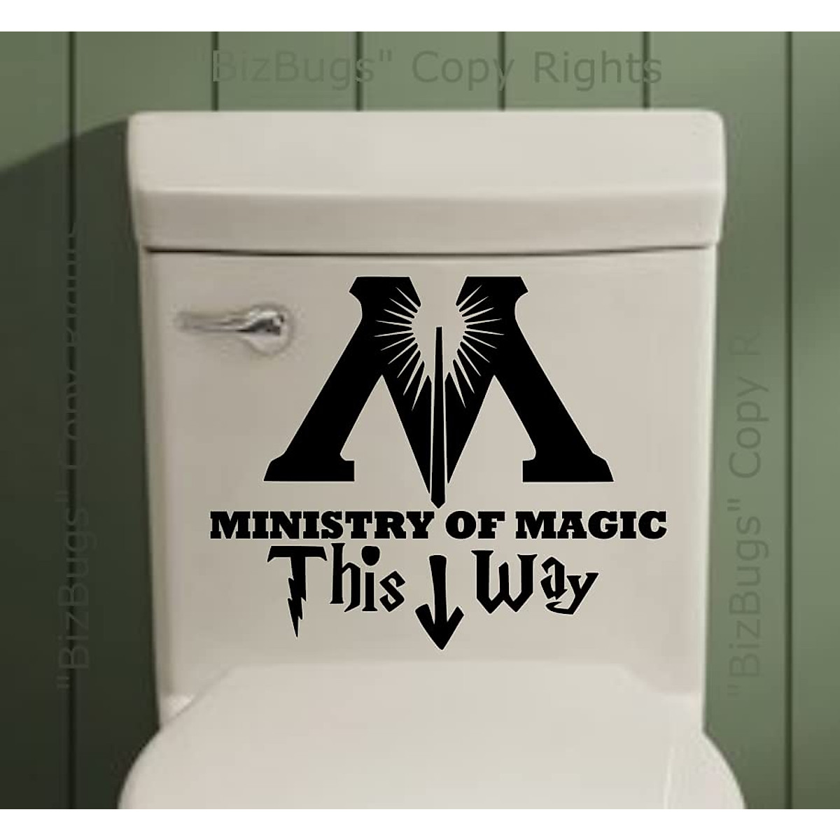 MINISTRY OF MAGIC THIS WAY Decal Die Cut Vinyl Funny Humor Quote, | FREE SWITCH DECAL | , Black, 7.5 Inches Bathroom Toilet Seat Sticker.