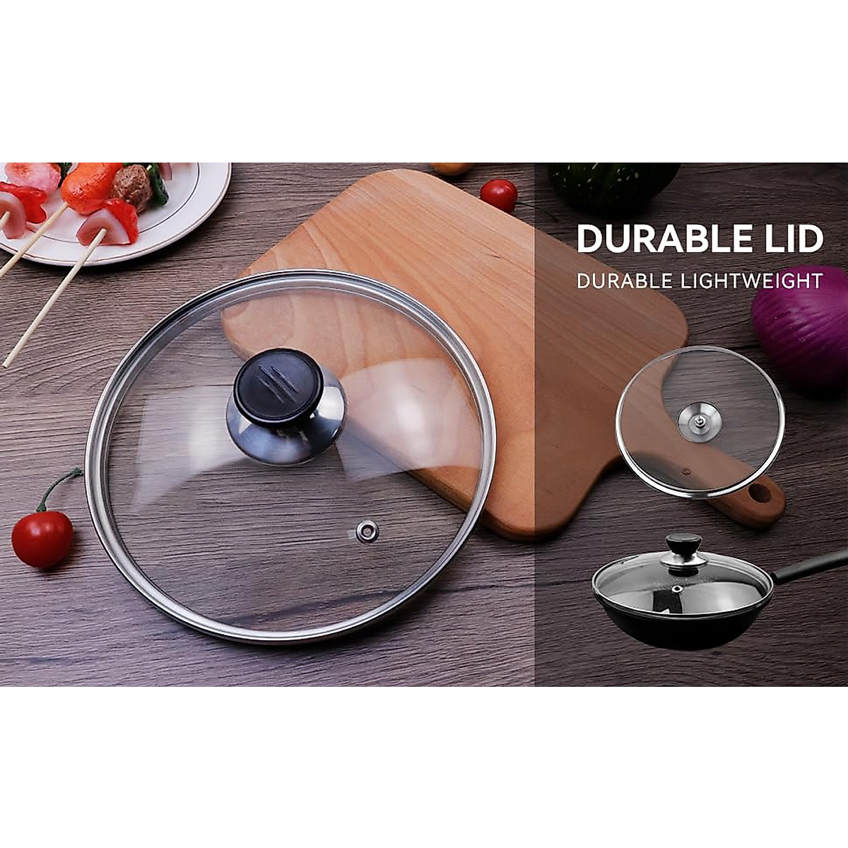 MY MIRONEY 8" Glass Lid for Pots with 2PCS Silicone Dish Scrubbers(Color Random), Clear Tempered Glass Round Lid Cover with Plastic Heat Resistant Handle for Frying Pan, Skillet, Cookwa