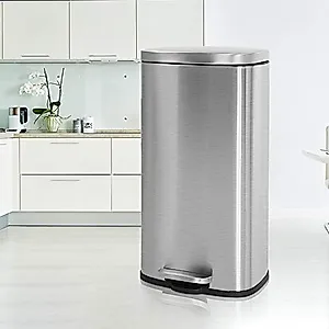 Kitchen Trash Can Brushed Stainless Steel 8 Gallon/30L Step Garbage Can Small & Tall Waste Basket with Lid & Plastic Inner Bucket Metal Pedal Recycle Rubbish Bin for Kitchen, Bathroom, Bedroom, Office