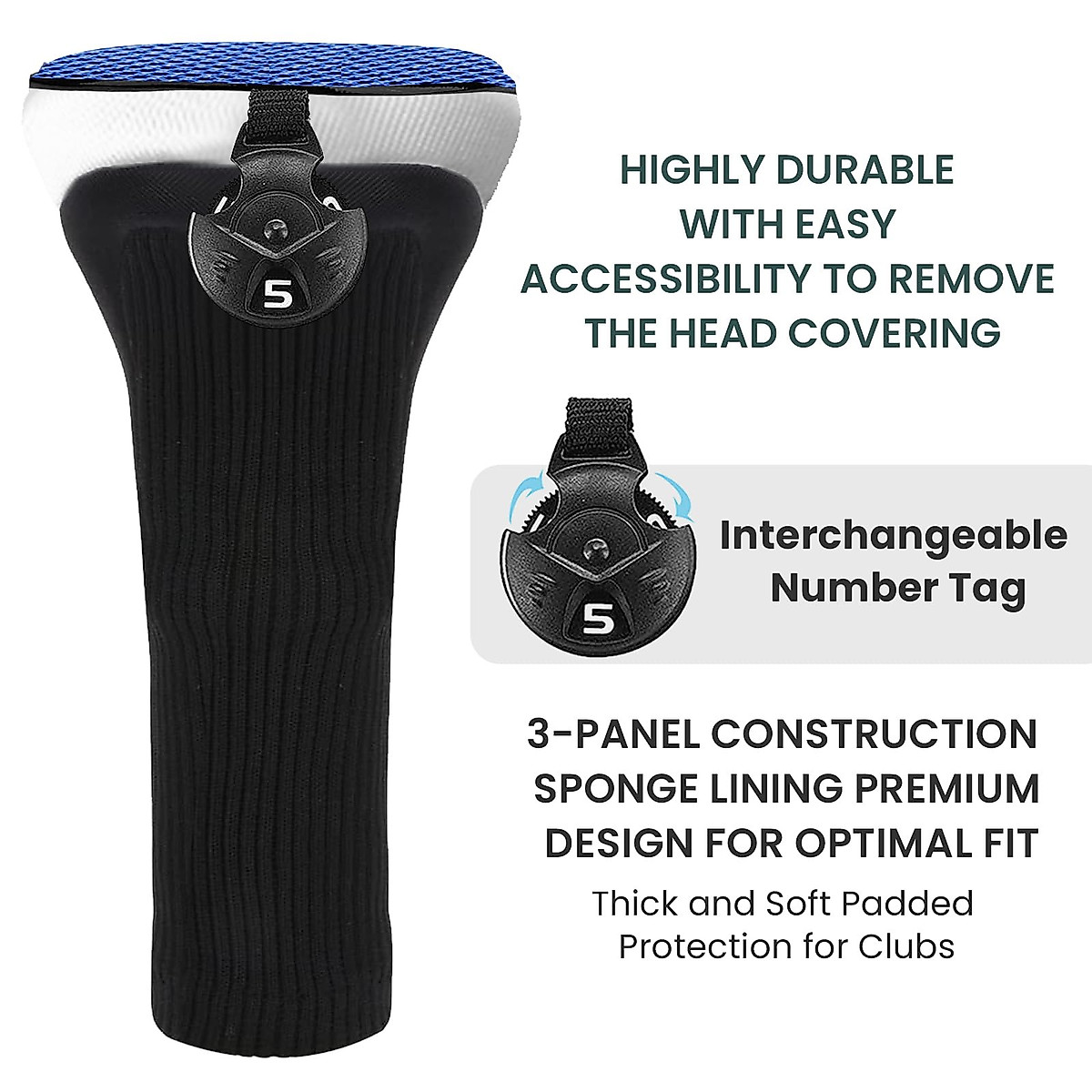 FINGER TEN Golf Club Head Covers Woods Hybrids 1/2/3/4 Pack, Headcovers Men Women 3 5 7 X with Interchangeable Number Tag, Fit All Wood Hybrid Clubs (2 Pack-Blue Hybrid Cover)