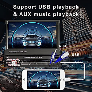 UNITOPSCI Single Din Car Stereo Car Radio with 7" Auto Retractable HD Touch Screen Car MP5 Player with Bluetooth FM Radio Mirror Link Head Unit Support TF USB AUX in Remote Control Backup Camera SWC