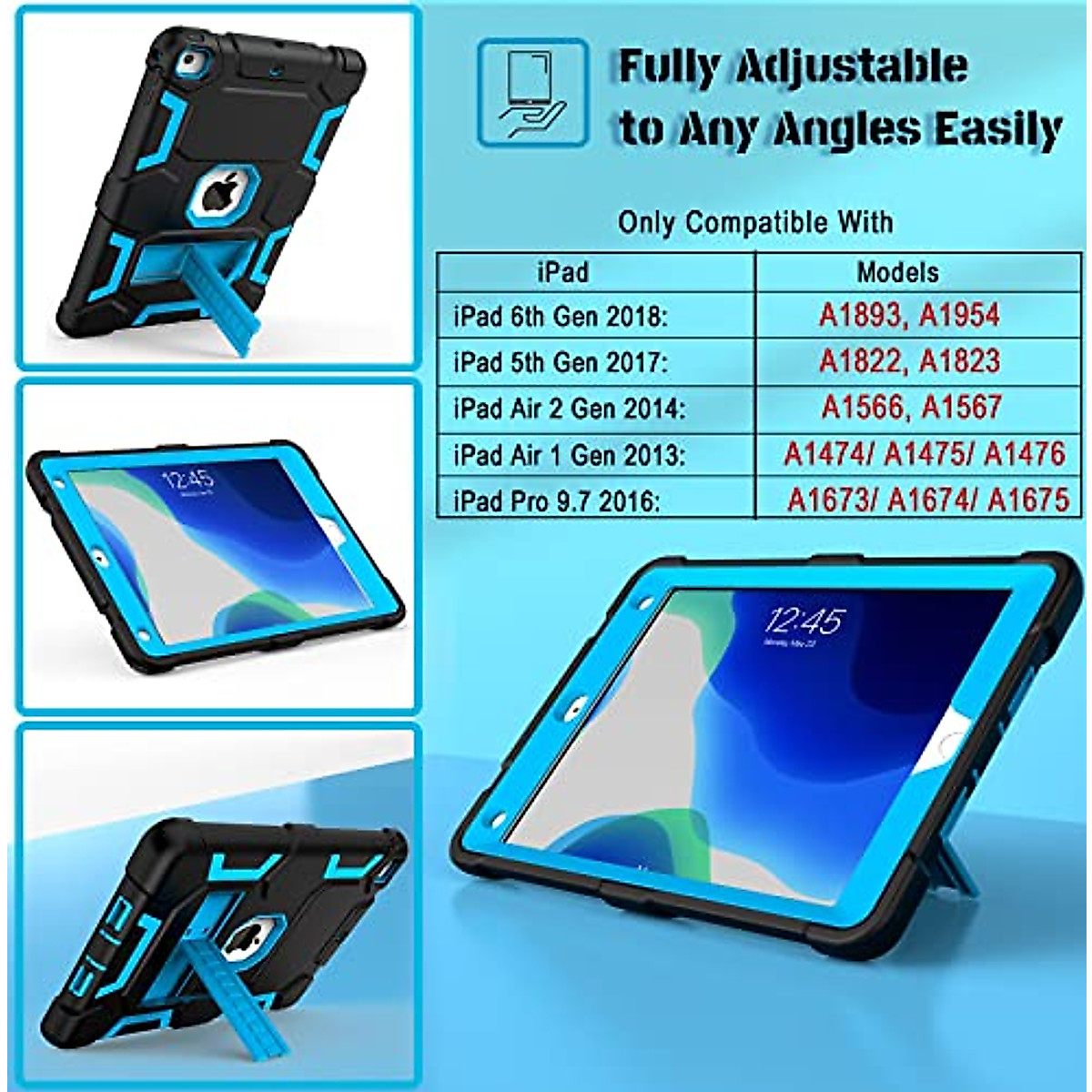 CCMAO Case for iPad 6th/5th Generation(9.7-inch, 2018/2017), iPad Pro 9.7 Inch Case 2016, iPad Air 2nd/1st Case with Kickstand, Hybrid Shockproof Protective Case for Kids Boys, Black+Sky Blue