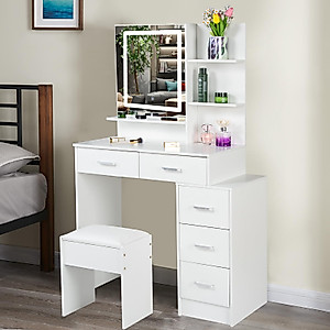 Lucaseone Vanity Table with Lighted Mirror, Makeup Vanity with Lights and Drawers, Vanity Desk Dressing Table with Cushioned Stool for Bedroom (3080 LED White)