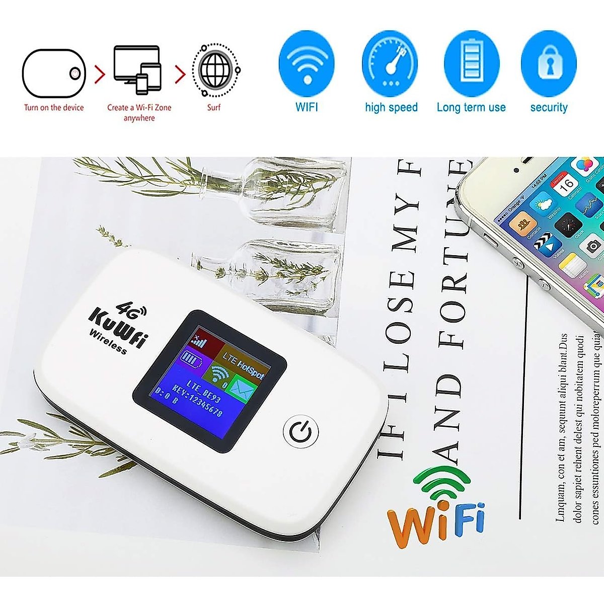 Mobile WiFi Hotspot | KuWFi 4G LTE Unlocked Wi-Fi Hotspot Device | Portable WiFi Router with SIM Card Slot for Travel-Friendly Mobile Travel Router Perfect for AT&T/T-Mobile Users