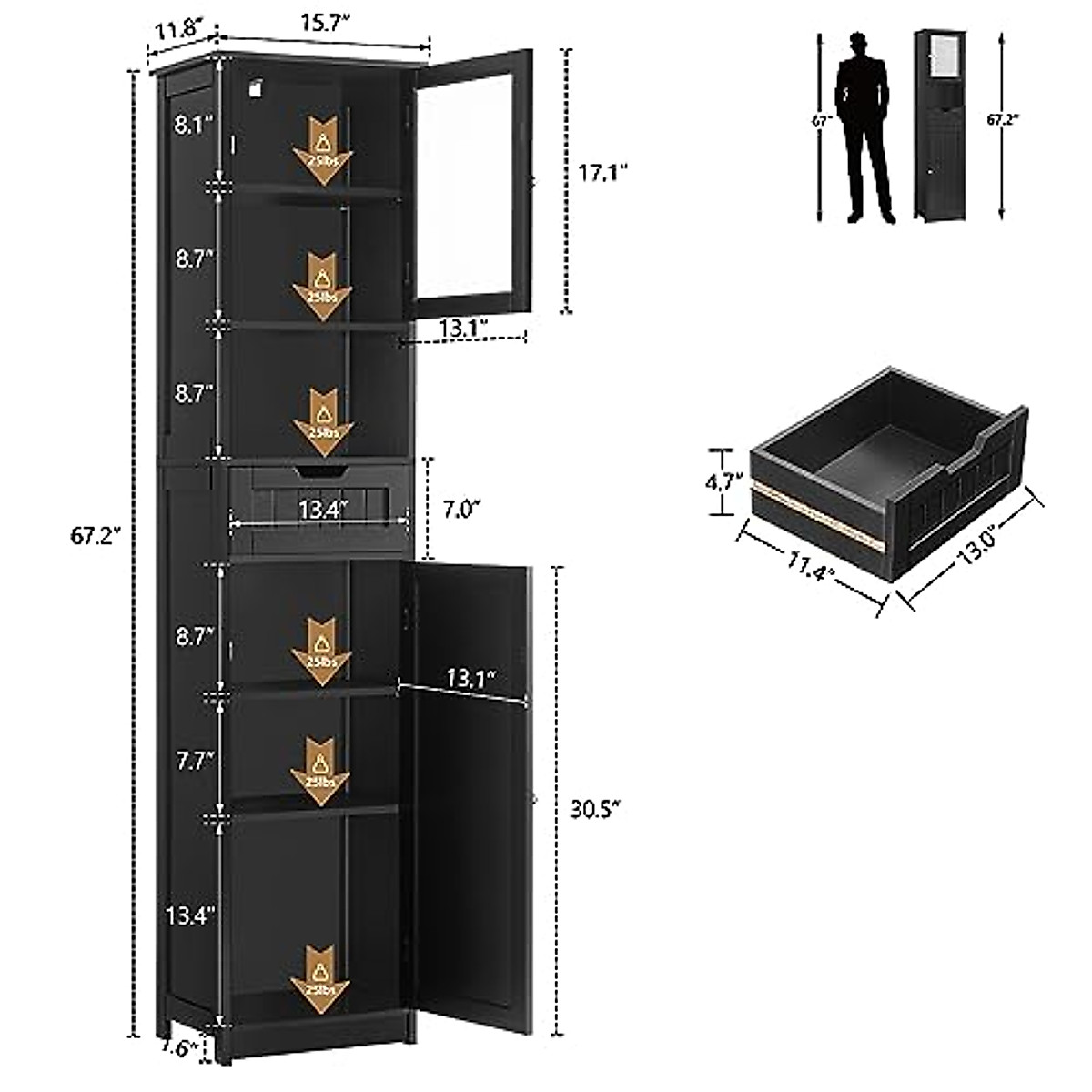 Iwell 67.2" H Tall Bathroom Storage Cabinet with 2 Doors & 1 Drawer, Bathroom Cabinet with 4 Shelves, Narrow Linen Cabinet for Living Room, Bathroom, Kitchen, Black