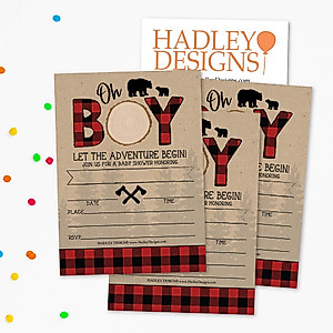 25 Lumberjack Bear Baby Shower Invitations, Sprinkle Invite For Boy, Coed Rustic Gender Reveal Theme, Cute Woodland Adventure DIY Fill or Write In Blank Printable Card, Animal Forest Party Supplies