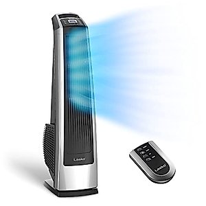 Lasko Oscillating High Velocity Tower Fan, Remote Control, Timer, 3 Powerful Speeds, for Garage, Basement and Gym, 35" Silver and Black, U35115