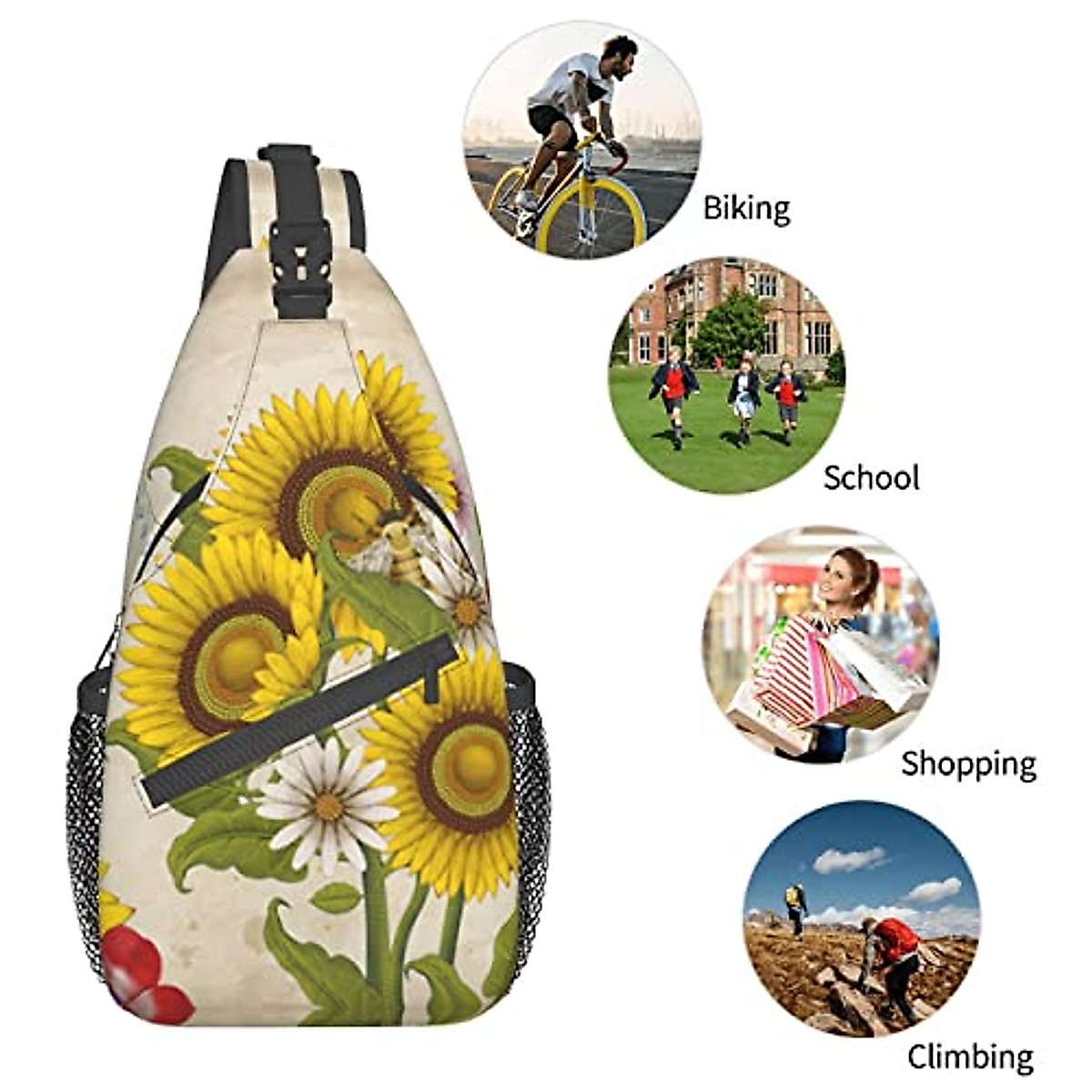 OGNOT Bees Sunflowers Daisy Rose Flowers Sling Bag,Crossbody Sling Backpack Shoulder Chest Bag, For Women Men Travel Hiking Causal Daypack