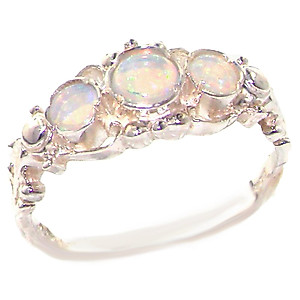 925 Sterling Silver Real Genuine Opal Womens Trilogy Ring - Size 11