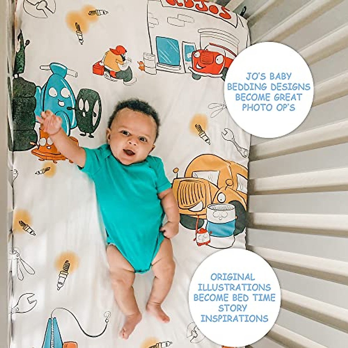 JumpOff Jo - Fitted Crib Sheet, Super Soft 100% Cotton Sheet for Standard Crib Mattresses and Toddler Beds, 28 in. x 52 in, Storytelling Designs - Jo's Garage (White)