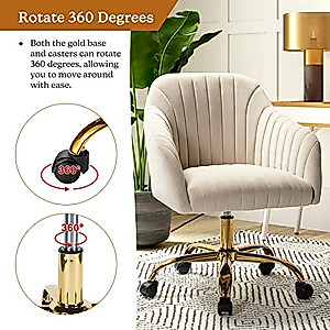 HULALA HOME Velvet Home Office Desk Chair, Modern Cute Computer Task Chair, Wheels Swivel Height Adjustable Upholstered Vanity Chair for Women, Girls (Gold Base, Tan)