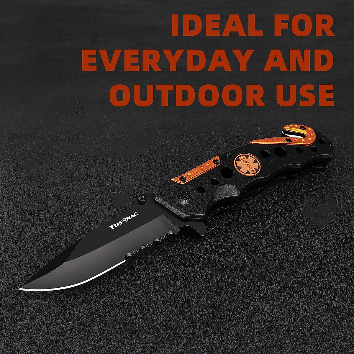 3.34″ Folding Pocket Knife Survival Knife, Serrated Blade Tactical Knife, Glass Breaker, Seatbelt Cutter, Pocket Clip, Self Defense knife with Liner Lock, For Hunting Camping Fishing Hiking