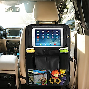 Kimbros Backseat Organizer with Tablet Holder for any age, (Holds IPAD PRO 10.5), Multiple Pockets, Side Double zipper for cables, Extra Long Harness with buckle for any size car, Baby wipe pouch