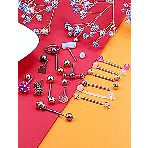 Prjndjw 14G Surgical Steel Tongue Rings for Women Men Teaser Double Barbell with Slave Ring Skull/Flower/Silicone Soft Spike Ball/CZ/Door Knocker/Pill Tongue Ring Piercing Jewelry 5/8inch Rainbow