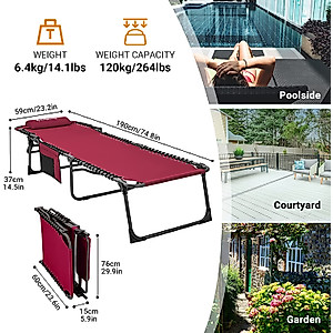 KingCamp Wine 5-Position Adjustable Patio Lounge Chair, Folding Tanning Chair for Lawn, Beach, Pool and Sunbathing, Portable Heavy-Duty Camping Reclining Chair with Pillow