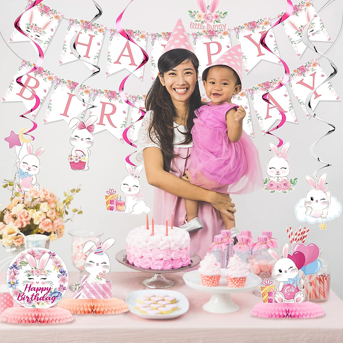 26 Pcs Easter Bunny Birthday Party Decorations Kit Bunny Party Supplies Bunny Birthday Banner Bunny Honeycomb Centerpiece Rabbit Hanging Swirls Cutouts for Girl Baby Shower Party Supplies