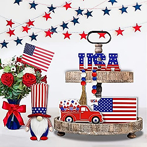 4th of July Tiered Tray Decor - 5 Pcs New Year Wooden Decor Bead Garland & Plush Gnome, Stars and Stripes Wooden Signs Patriotic Decorations for Independence Day Memorial Day Presidents Day