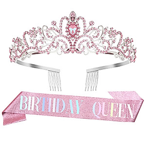 Pink Tiara Sash Gifts for Women's Birthday - Rhinestone Crystal Headband Princess Queen Crown Accessories